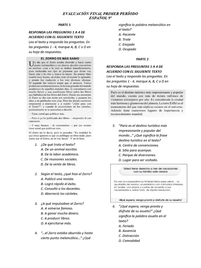 Evaluación Final Español 9º: Preguntas y Respuestas | PDF