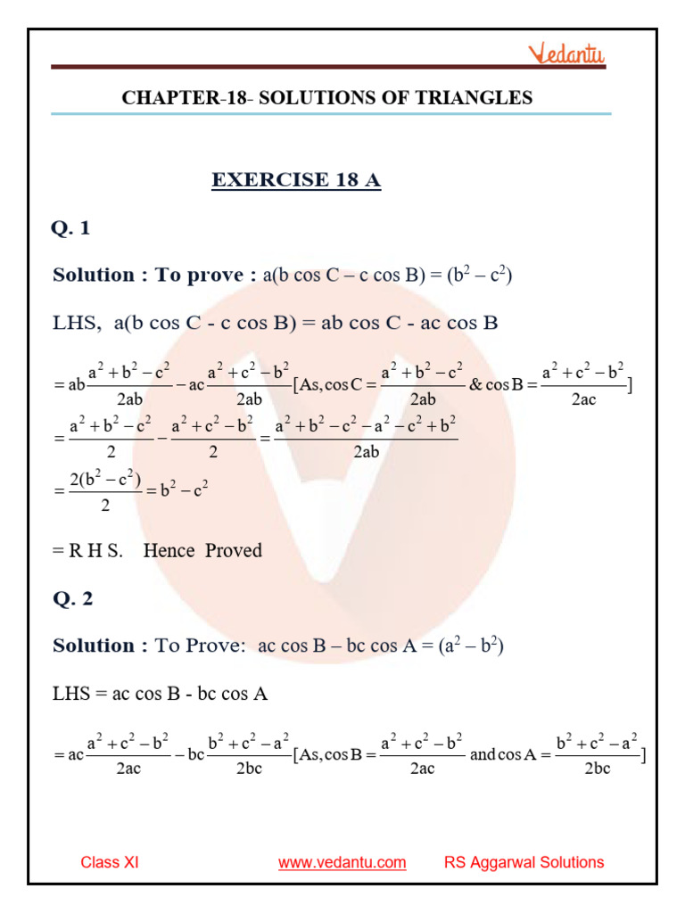 RS Aggarwal Class 11 Solutions Chapter-18 Solution of Triangles | PDF | Euclid | Trigonometry
