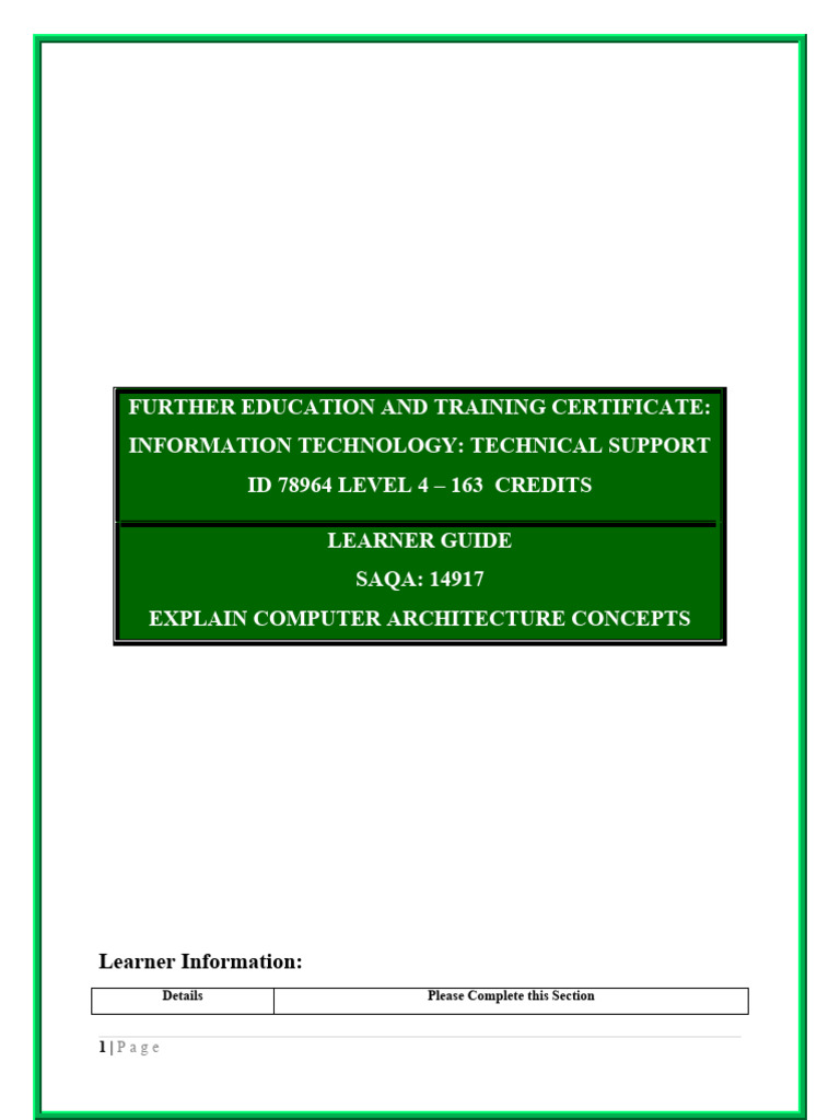 Saqa 14917 Explaining Computer Architecture Concepts Learner Guide Pdf Central