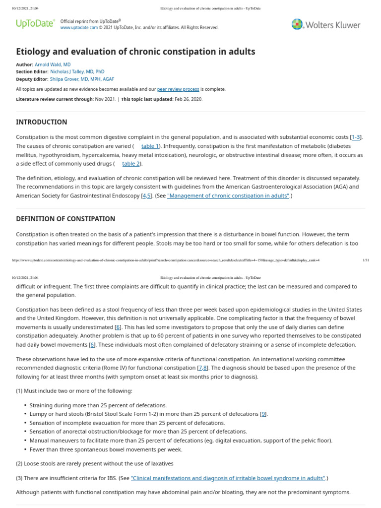 Etiology and Evaluation of Chronic Constipation in Adults - UpToDate ...