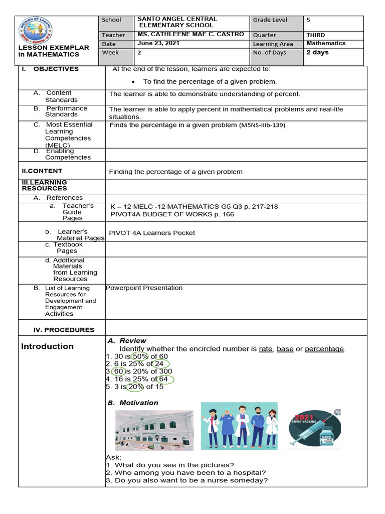 Lesson Exemplar in Math V (Co2) | PDF | Percentage | Learning