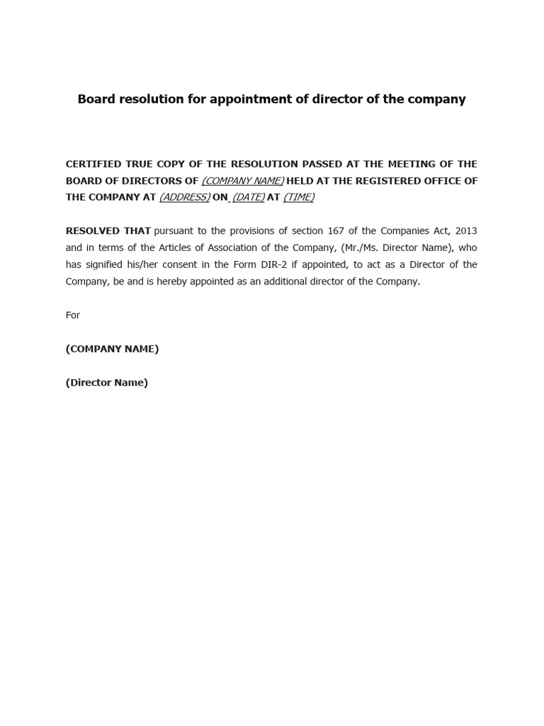 Board Resolution for Appointment of Director of the Company | PDF