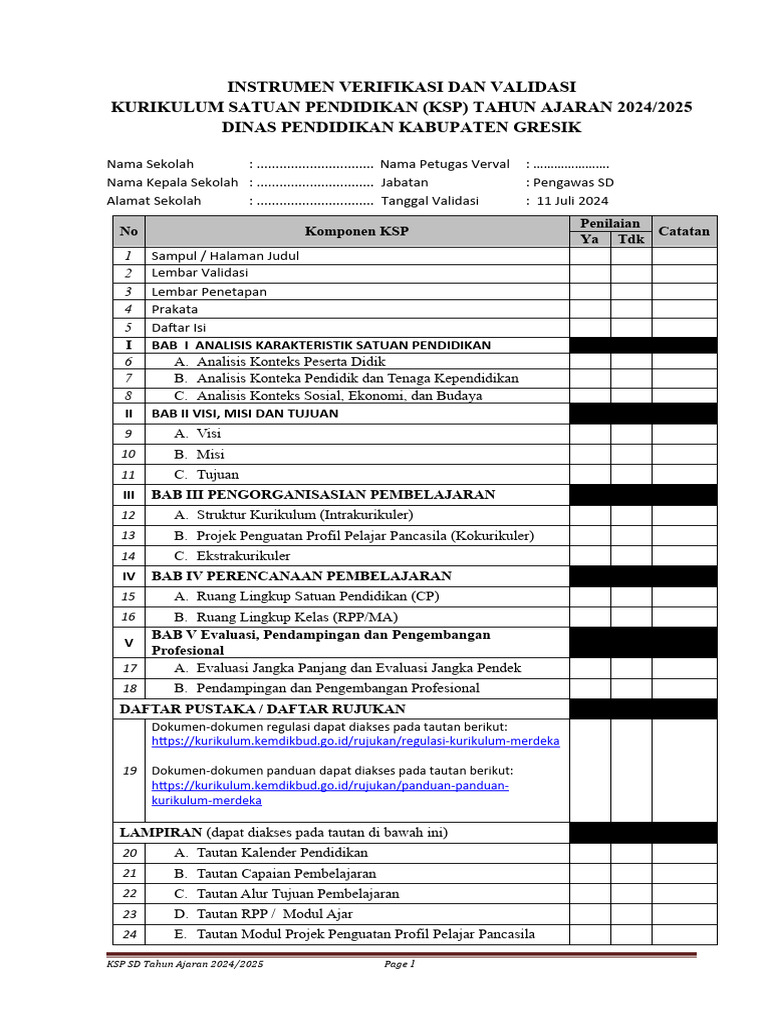 Instrumen Verifikasi Dan Validasi KSP SD 2024-2025 | PDF | Seni