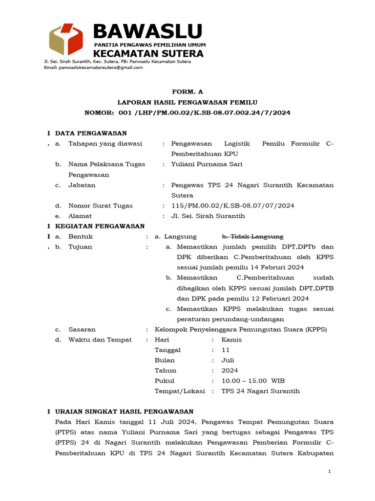 Form A - TPS 24 - Pemberian Formulir C.pemberitahuan-KPU - Pengawas TPS 24 | PDF