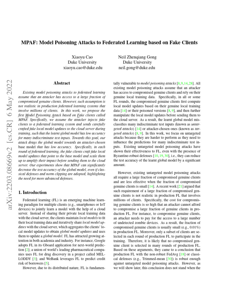 MPAF Model Poisoning Attacks To Federated Learning Based On Fake ...