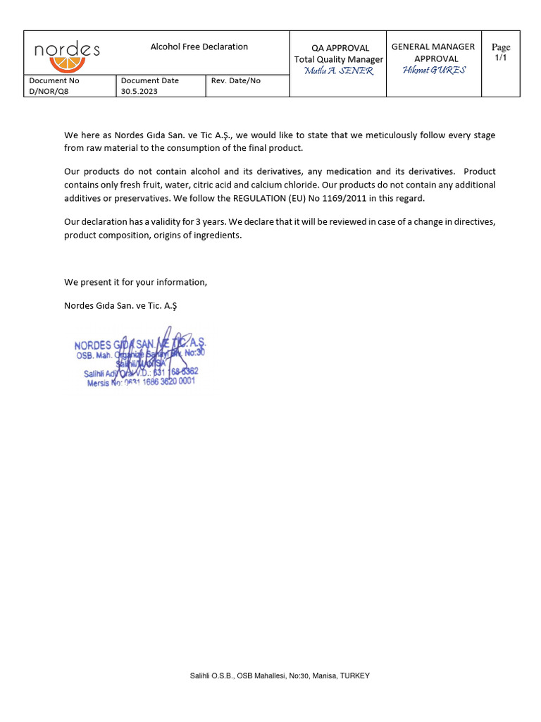 Alcohol Free Declaration | PDF | Cooking, Food & Wine | Wellness