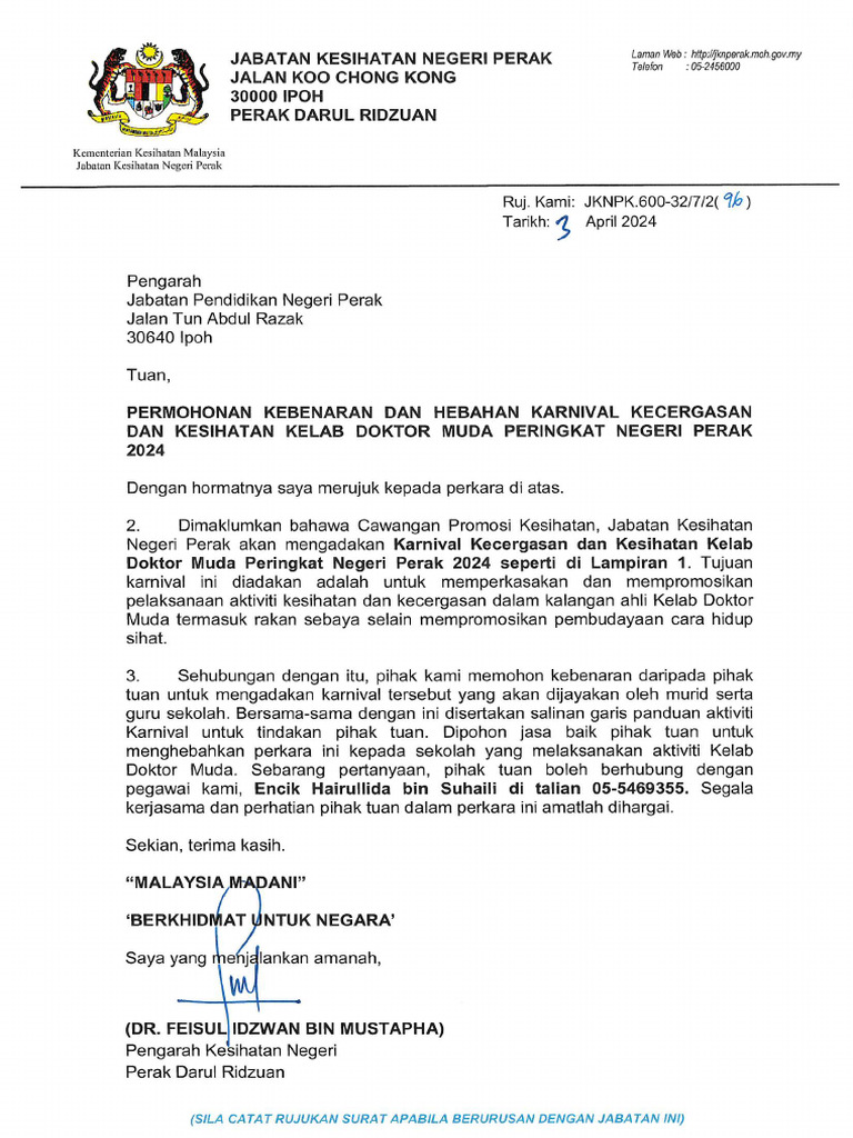 Surat JPN Permohonan Kebenaran Dan Hebahan Karnival Kecergasan Dan Kesihatan Kelab Doktor Muda ...
