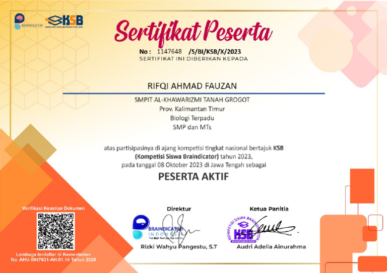 Cert - Biologi Terpadu - KSB 2023 | PDF