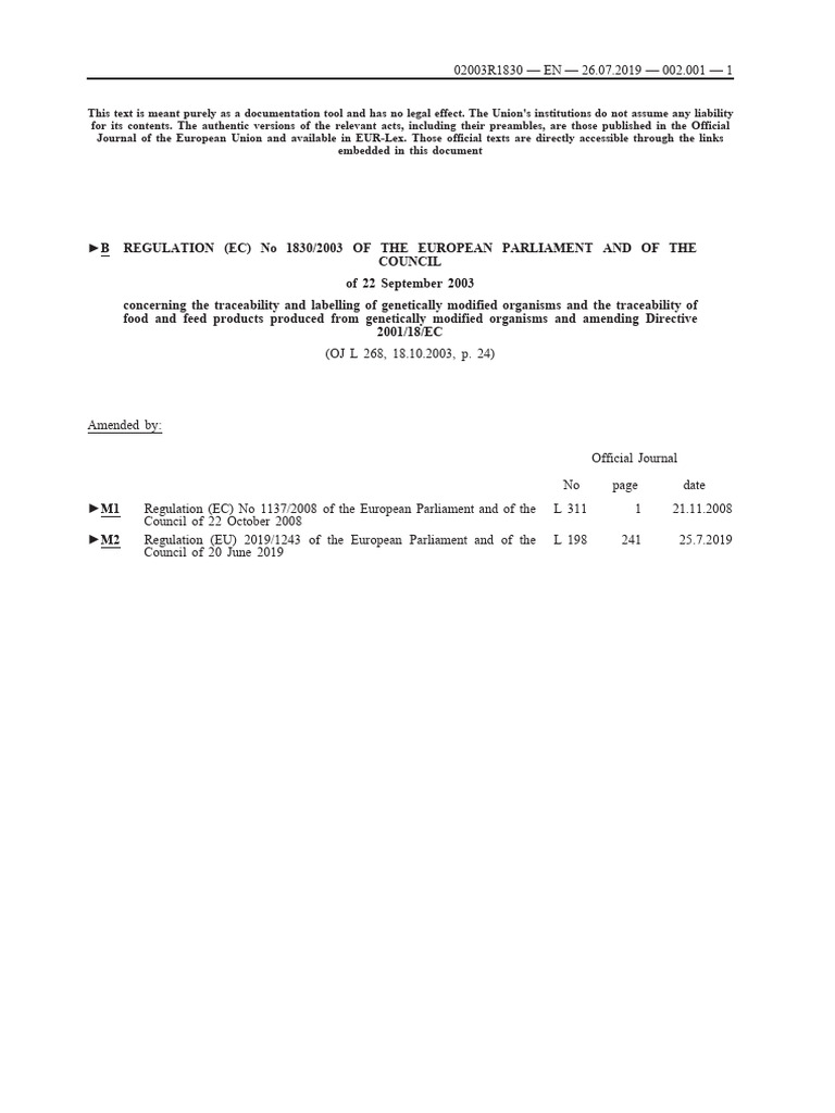 Regulation (EC) No 18302003 GMO | PDF | Genetically Modified Organism | Justice