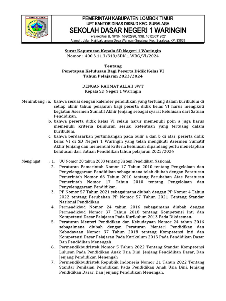 SK Penetapan Kelulusan PD Kls. 6, TP. 2023 2024 SDN 1 Waringin | PDF