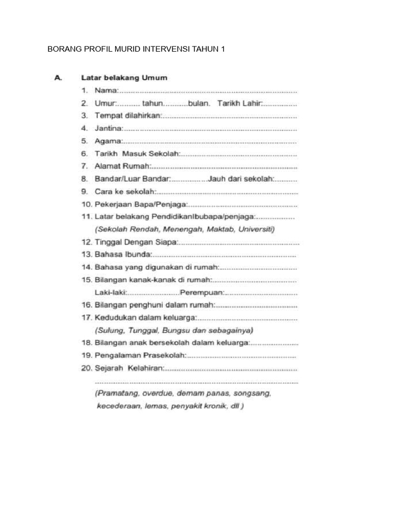 BORANG PROFIL MURID INTERVENSI TAHUN 1 | PDF