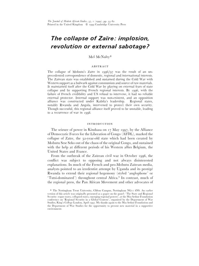 The Collapse of Zaire Implosion, Revolution or External Sabotage Articulo | PDF | Democratic ...