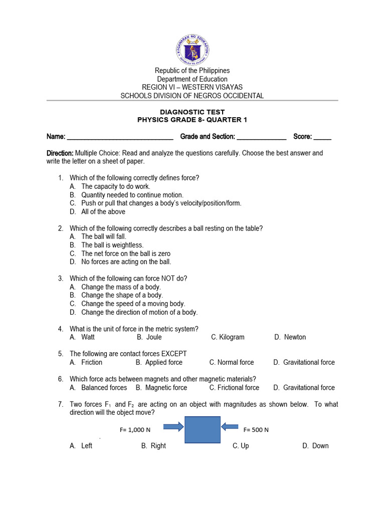 G8 Science Q1 Diagnostic Test | PDF | Force | Acceleration