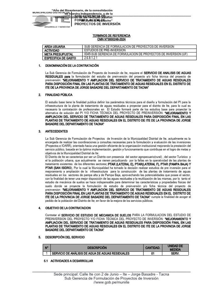 TDR Servicio de Estudio Analisis de Agua - Ptar | PDF