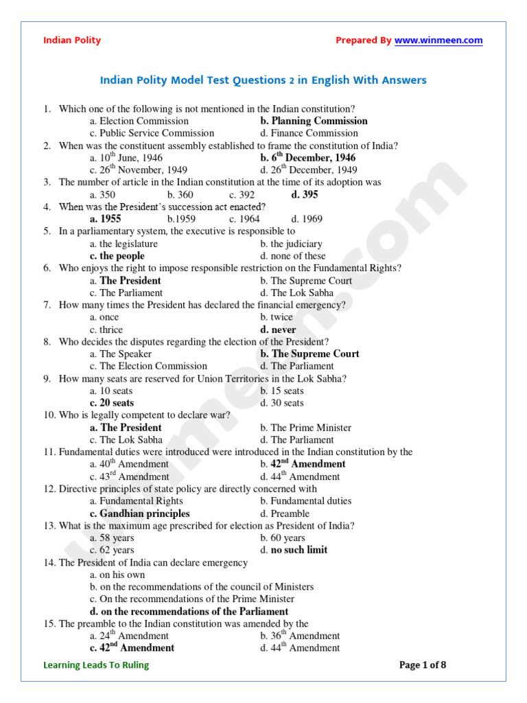 Indian Polity MCQs with Answers | PDF | Government Of India | Political Law