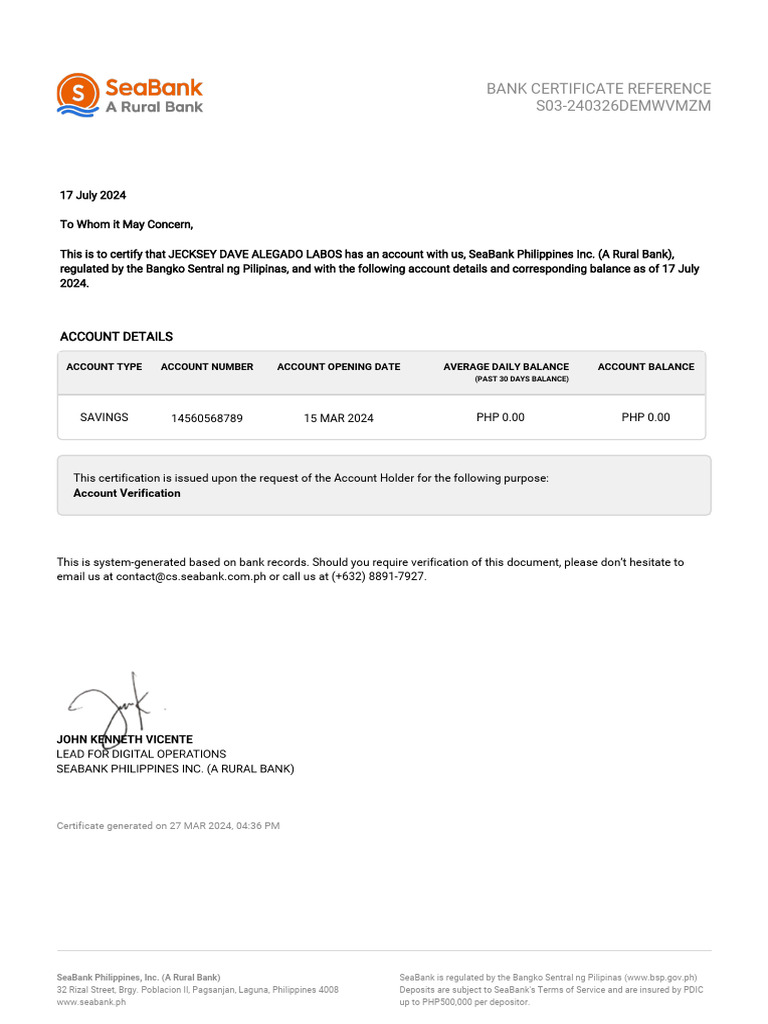 Bank Certificate SeaBankPH 20240327 | PDF