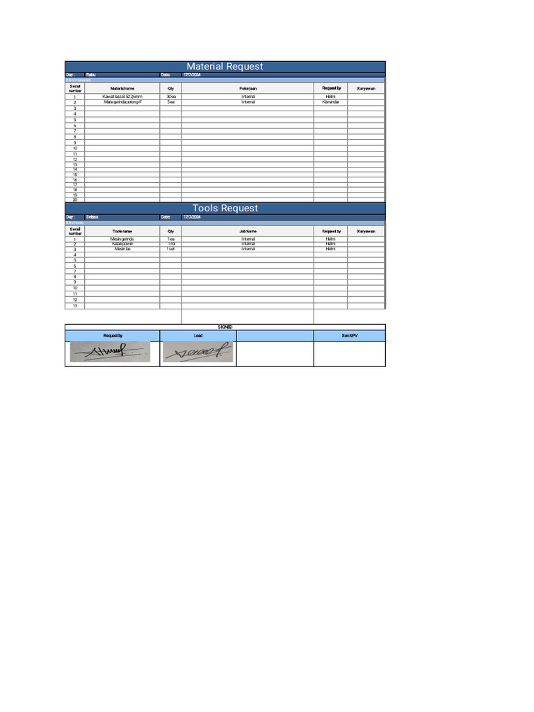 Internal Material & Tools Request | PDF