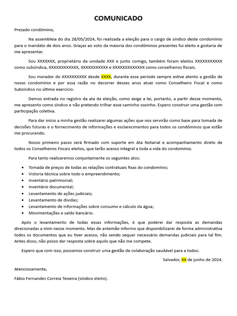 MODELO COMUNICADO NOVO SÍNDICO | PDF