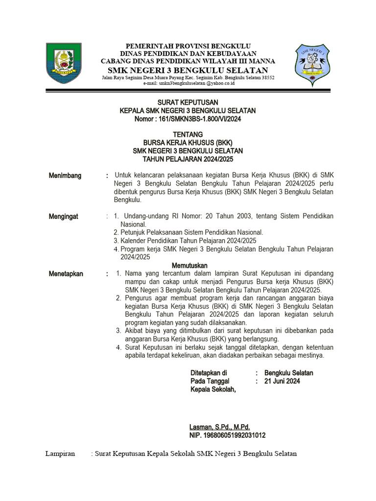 SK Pembentukan BKK SMK 2024/2025 | PDF
