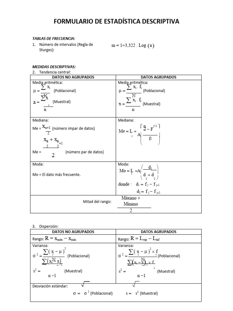 Formulario Estadistica 1 | PDF | Media | Mediana