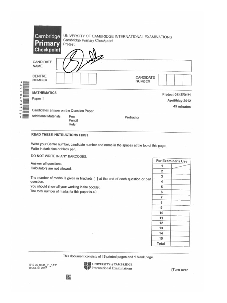 Primary Checkpoint Math Pre Test 0845 April 2012 Paper 1 | PDF