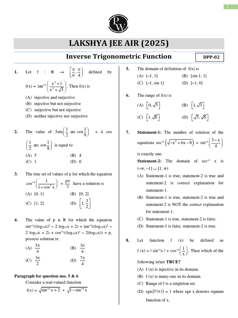 Inverse Trigonometric Functions - DPP 02 (Of Lec 03) - Lakshya JEE AIR ...
