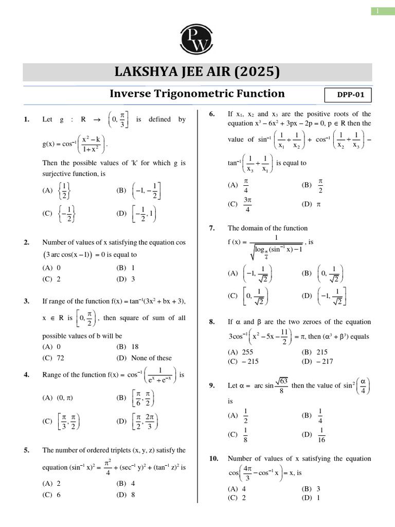 Inverse Trigonometric Functions Dpp 01 Of Lec 02 Lakshya Jee Air Recorded 2025 Download