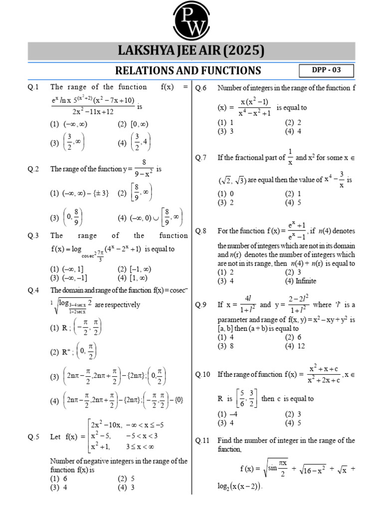Relations & Functions - DPP 03 (Of Lec 04) - Lakshya JEE AIR Recorded 2025 | PDF | Function ...