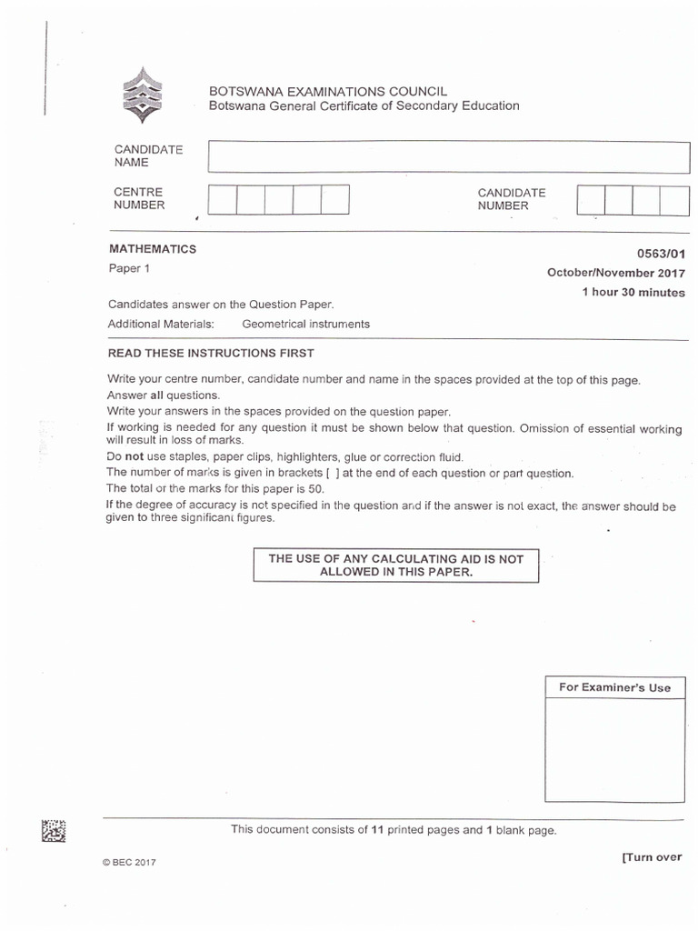 Bgcse Maths 1 2017 | PDF