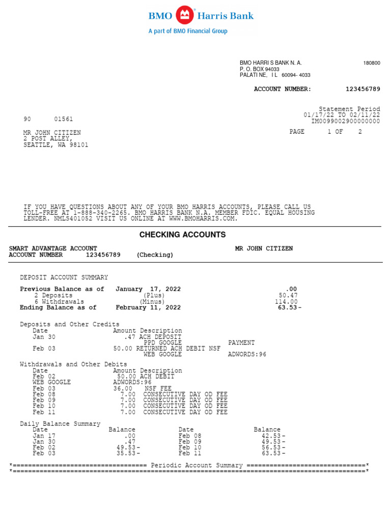 USA BMO Harris Bank Statement 3 Page | PDF | Credit Card | Overdraft