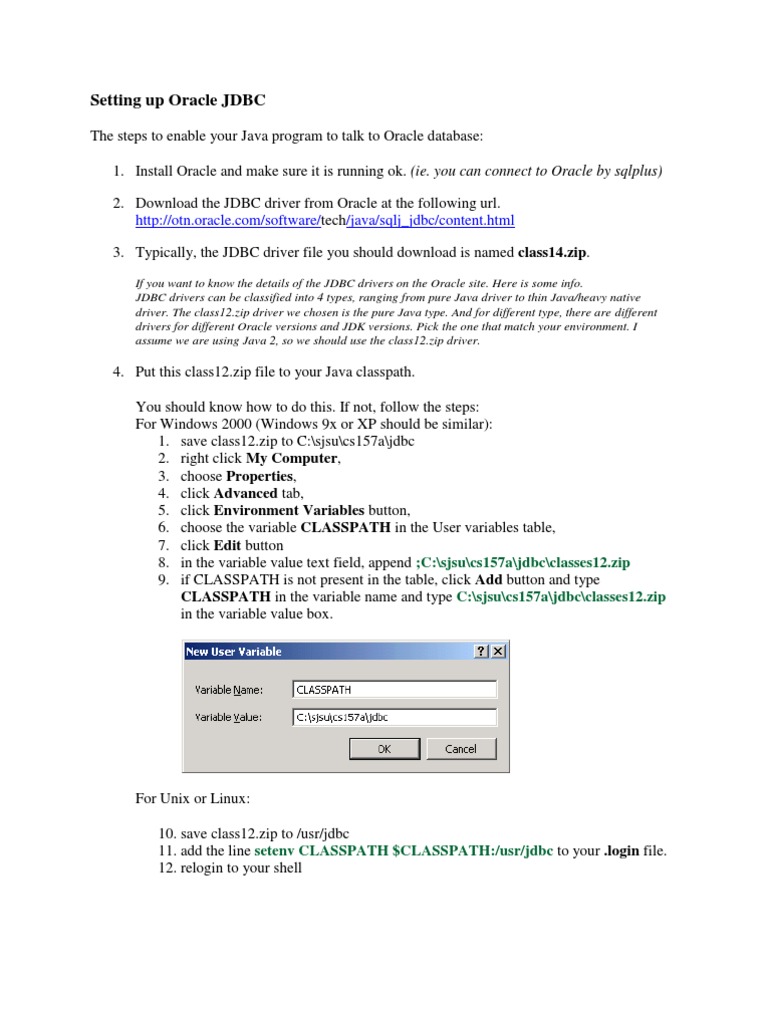 Setting Up Oracle JDBC | Download Free PDF | Oracle Database | Java (Programming Language)