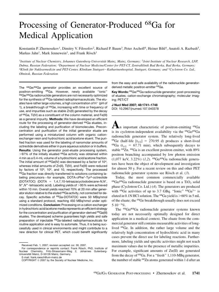 Processing of Generator-Produced 68ga For Medical Application | PDF ...
