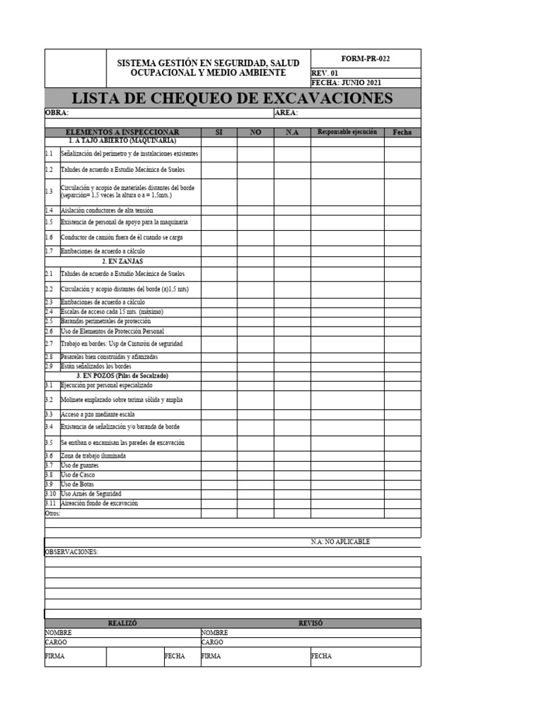 FORM-PR-022 Chequeo Excavaciones | PDF
