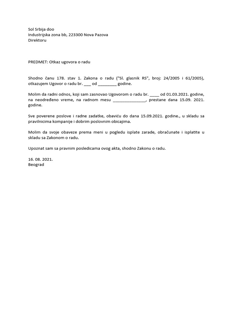 Otkaz Ugovora o Radu | PDF