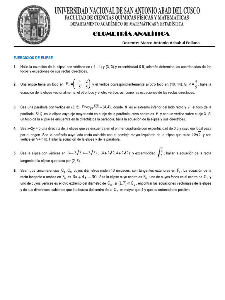 Ejercicios de Elipse en Geometría Analítica | PDF