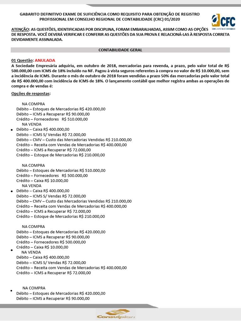 CRC 2020 1 e 2 Com Gabarito | PDF | Contabilidade | Capital próprio ...