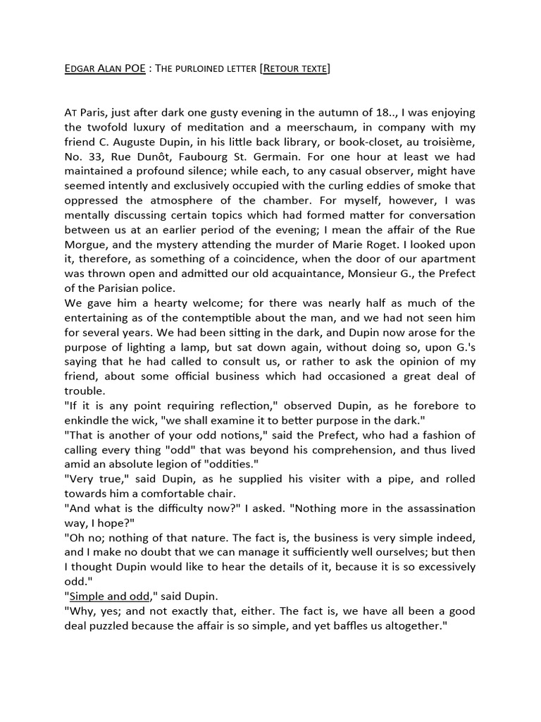 The Purloined Letter Analysis | PDF | C. Auguste Dupin | Truth