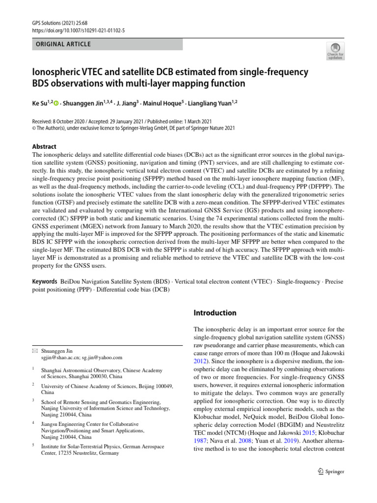 Su 等。 - 2021 - Ionospheric VTEC and satellite DCB estimated from | PDF | Ionosphere