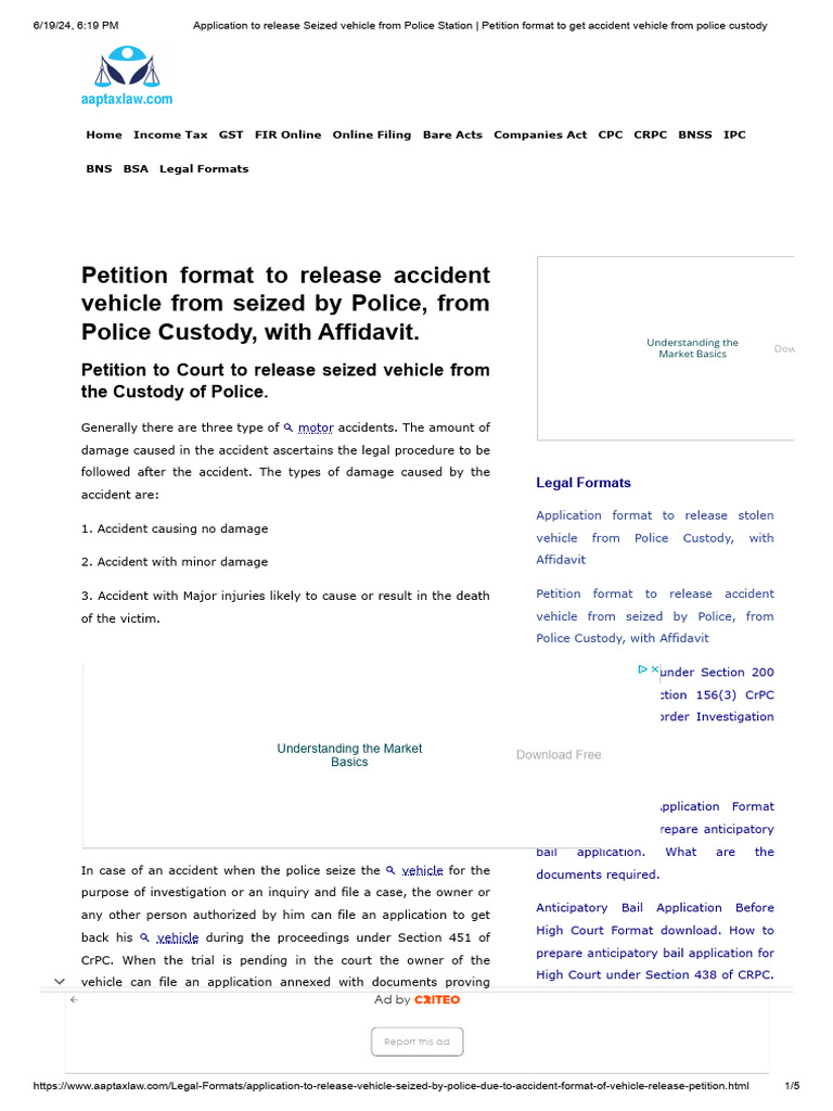 Vehicle Release Petition Format | PDF | Bail | Supreme Court Of India