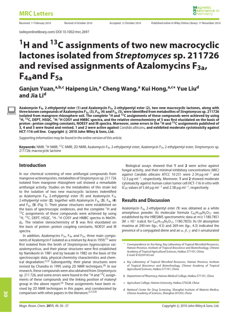 1h And 13c Assignments Of Two New Macrocyclic Lactones Isolated From Streptomyces Sp 211726 And