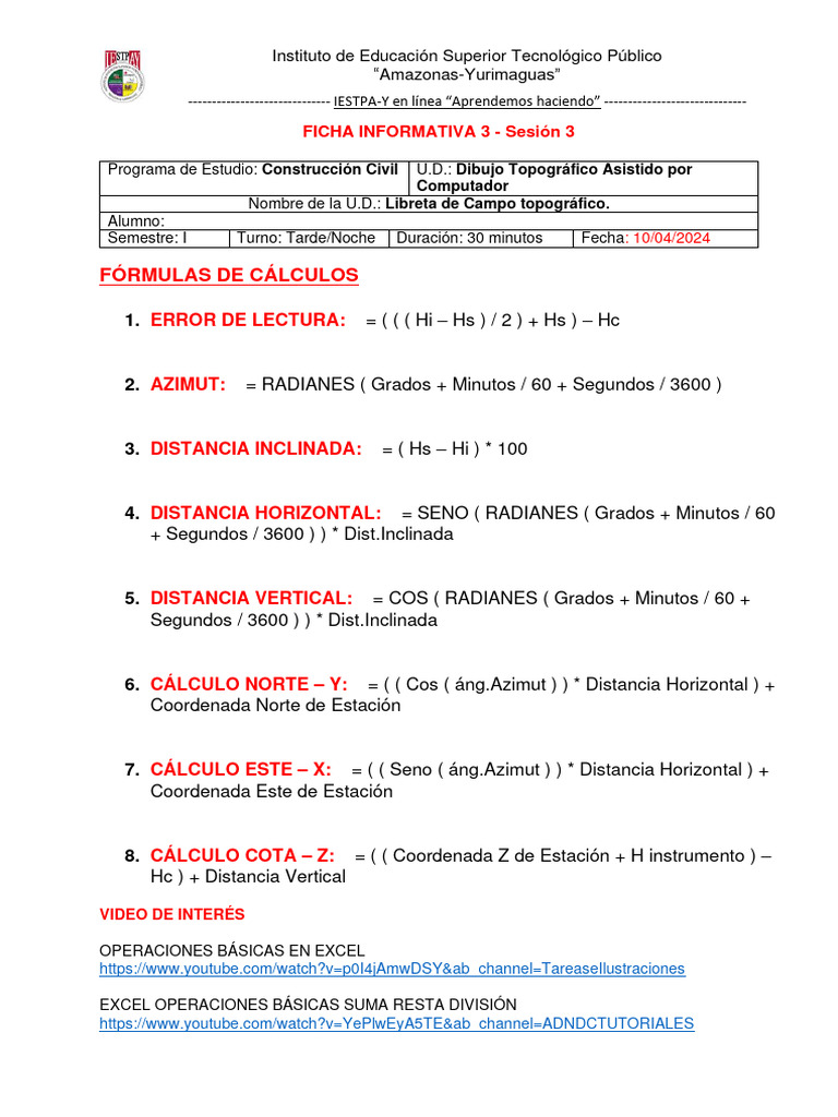 Formulas Topográfia | PDF | Métodos y materiales de enseñanza