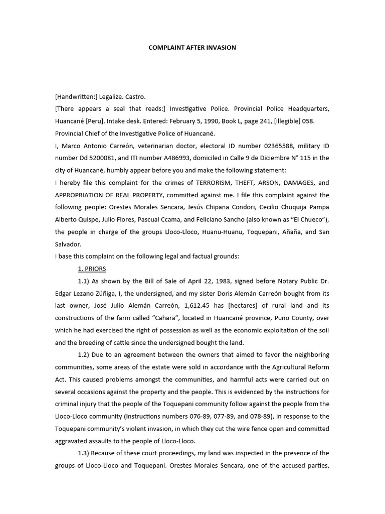 Complaint After Invasion | PDF | Theft