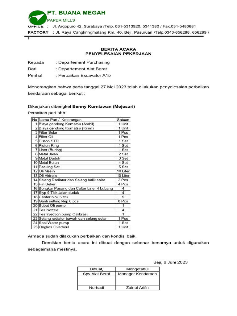 Berita Acara A15 Exca Bengkel Luar | PDF