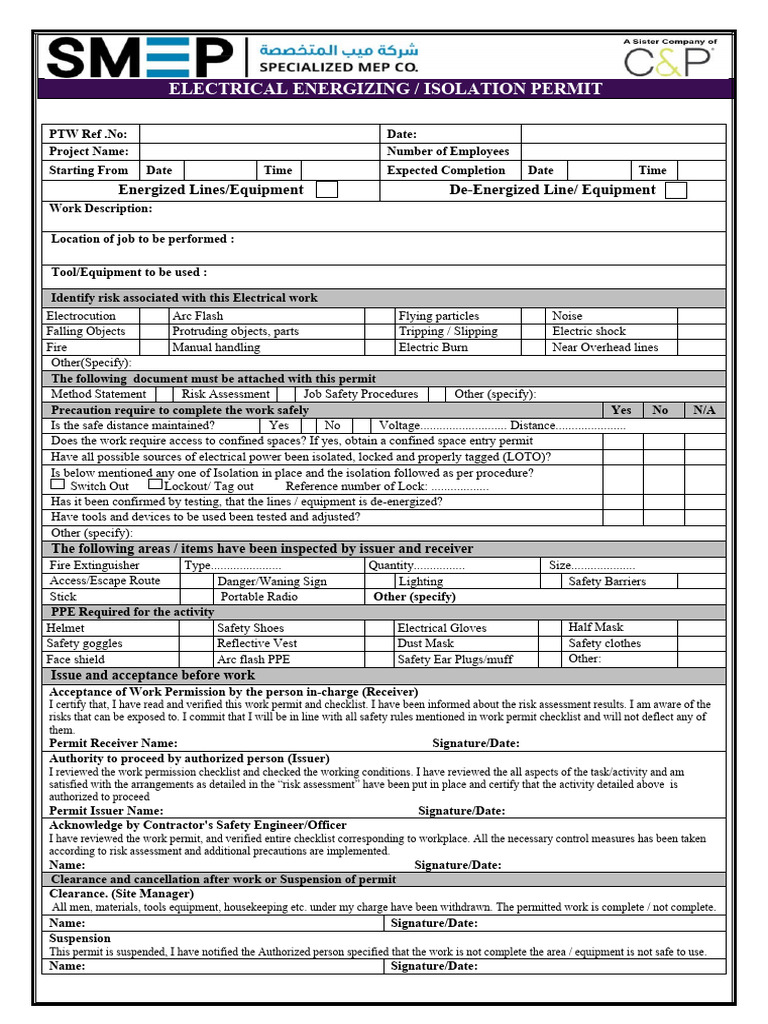 Electrical Permit (Isolation) Form | PDF | Occupational Safety And ...