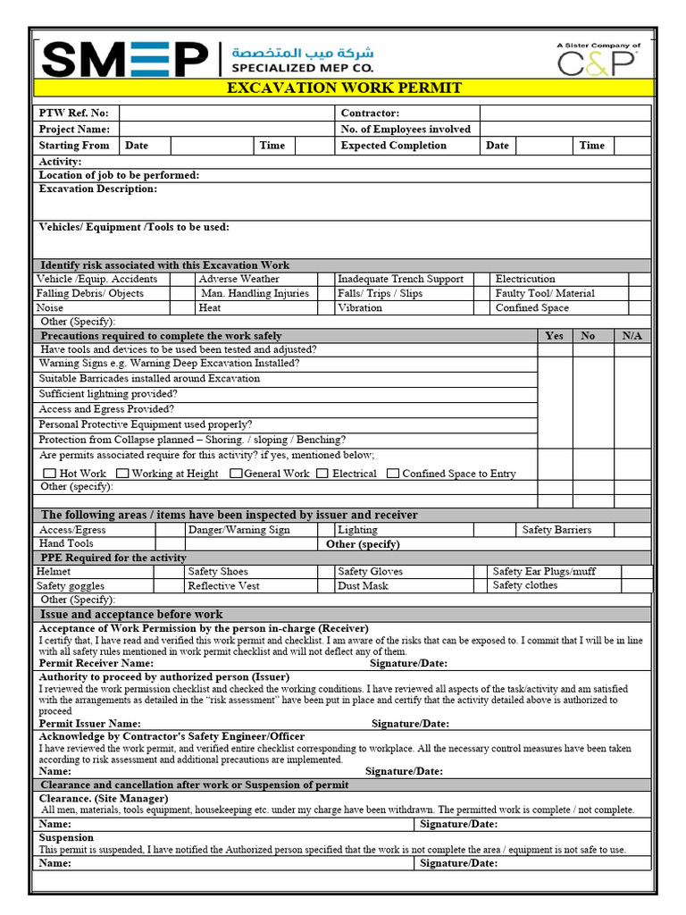 Excavation Work Permit Form | PDF | Personal Protective Equipment | Safety