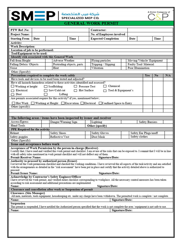 General Work Permit Form | PDF | Safety | Personal Protective Equipment
