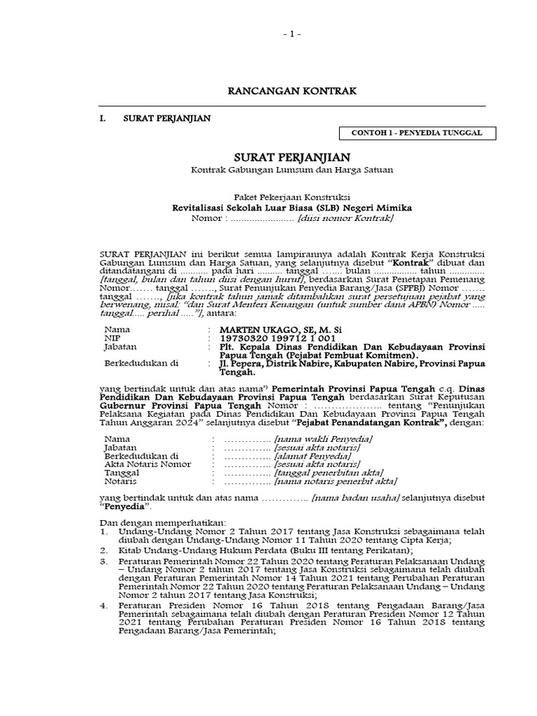 Rancangan Kontrak Ssuk SSKK SLB Timika Final | PDF