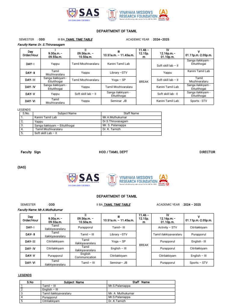 Tamil Dept Timetable 2024-25 | PDF | Schools | Educational Institutions