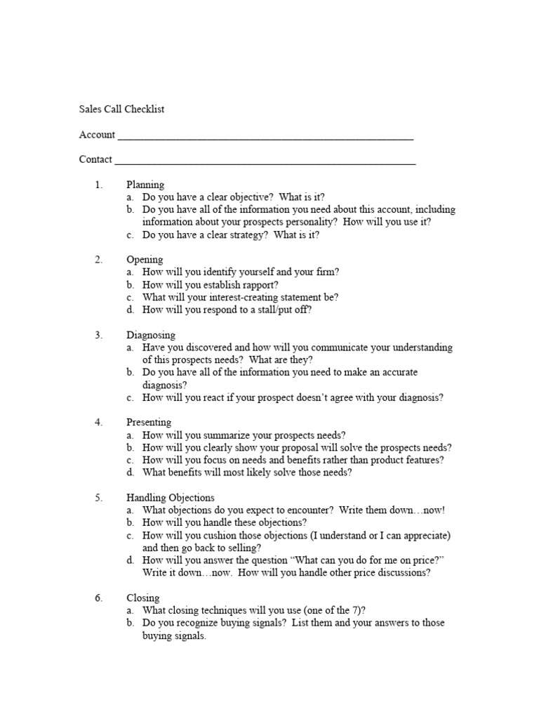 Sales Call Checklist | Download Free PDF | Sales | Information