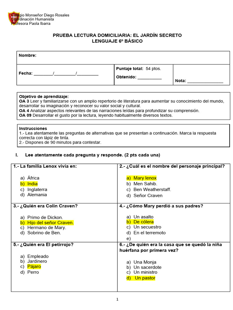 Prueba El Jardín Secreto Con Respuetas | PDF